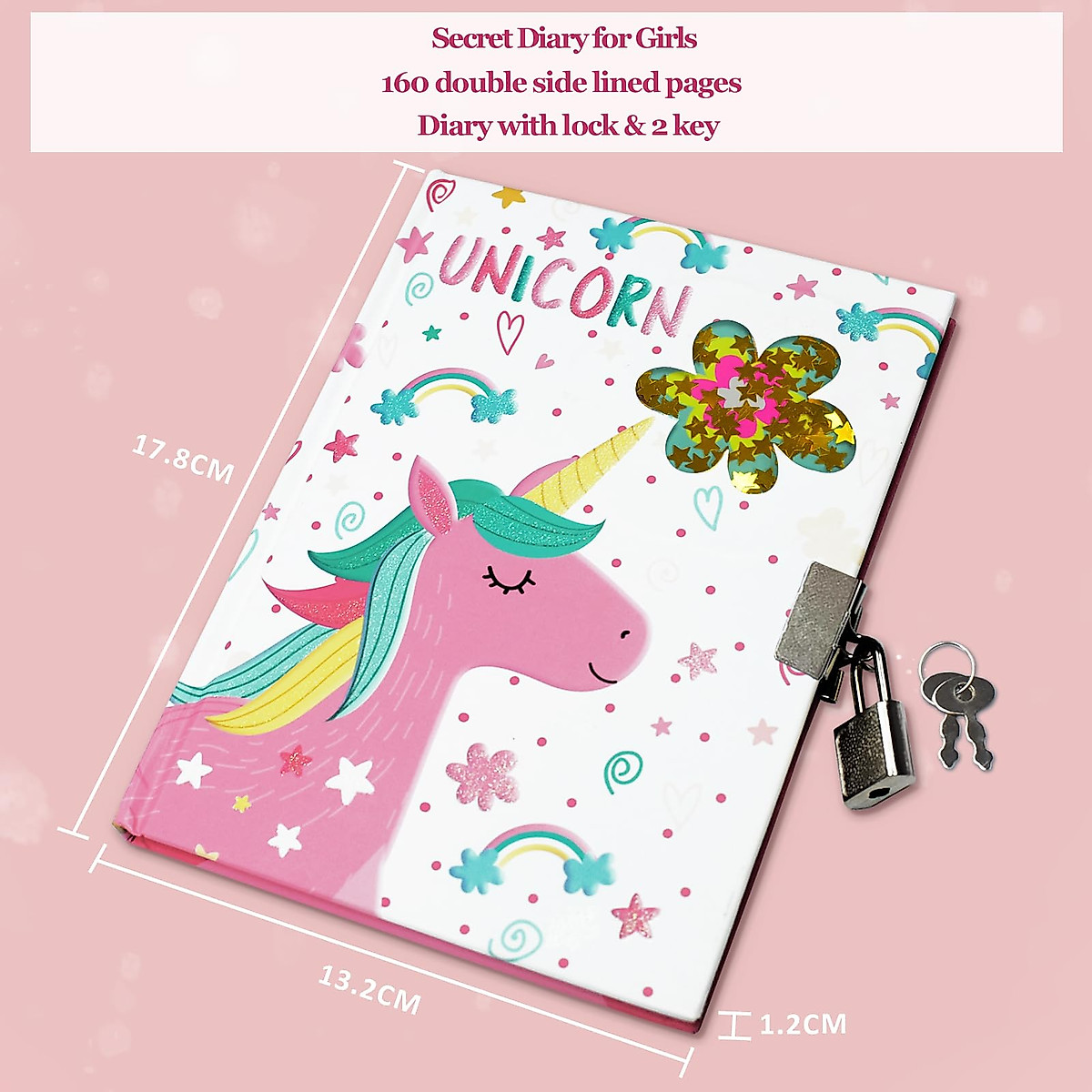 GINMLYDA Girls Diary with Lock for Kids, Unicorn Diaries 7.1x5.3 160 Pages Cute Girl Journal Secret Notebook with Lock and Key for Little Kid Writing Drawing Gift for Pre school Age 6,8,12