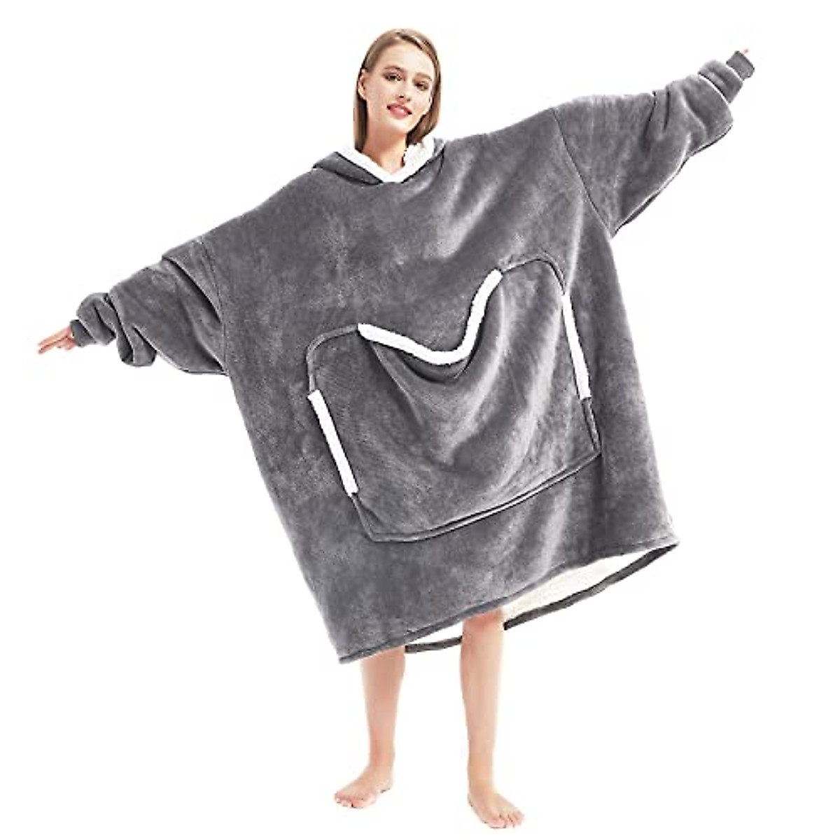 Cozystar Wearable Blanket Hoodie with Giant Pocket （Pet Won't Leave） Extra Soft Sherpa Fleece Thick Warm ＆ Cozy Oversized Sweatshirt Blanket Jacket with Sleeves Gifts for Adult Men Women - Grey