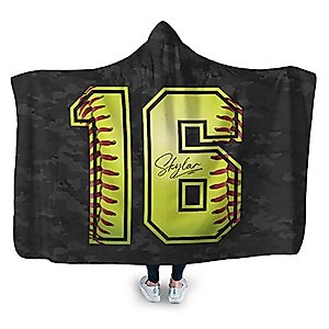 Ohaprints Custom Softball Ball Pattern Camoflage Black Grey Player Fan Gift Personalized Name Number Sherpa Hoodie Blanket Soft Travel Camping Wearable Hooded Blankets Cape Wrap Plush Fuzzy Comfy Cozy