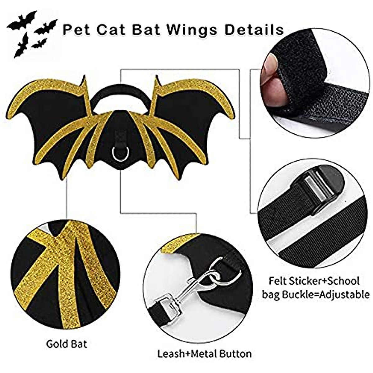 Halloween Dog Costume Pet Bat Wings Funny Cosplay Apparel Puppy Costumes for Medium Large Dogs Outfit, Adjustable Bat Wing with Dog Leash and Pumpkin Bells (Black, Under 80 pounds)