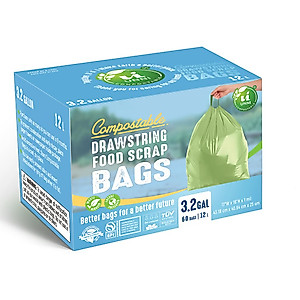 UNNI Compostable Drawstring Bags, 2.6-3.2 Gallon, 10-12 Liter, 60 Count, Heavy Duty 1 Mil, Small Food Scrap Waste Bags with Drawstring Handle, ASTM D6400, US BPI, CMA & Europe OK Compost Certified