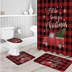 OneHoney 4 Piece Shower Curtain Sets with Non-Slip Rugs, Truck with Christmas Tree Bathroom Curtains Waterproof, Snowflakes on Red Buffalo Grid Decor Doormat, Toilet Lid Cover and Bath Mat