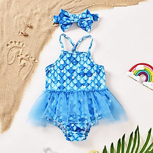 Baby/Toddler Girls One Pieces Swimsuit Quick Dry Beach Swimwear Bathing Suits with Ruffle Tulle Frill UPF 50+ Sun Protection (4-5 T, C-Blue Scale)