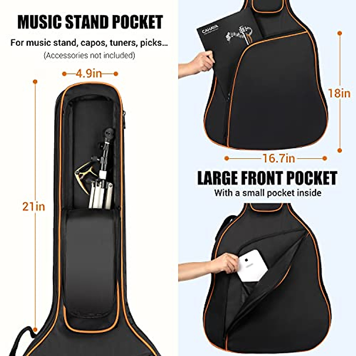 CAHAYA 44 Inch Guitar Bag for Dreadnought and Jumbo Orange Line Gig Bag 0.47in Thick Padding Water Resistent Adjustable Shoulder Strap Guitar Case with Back Hanger Loop and Music Stand Pocket CY0285
