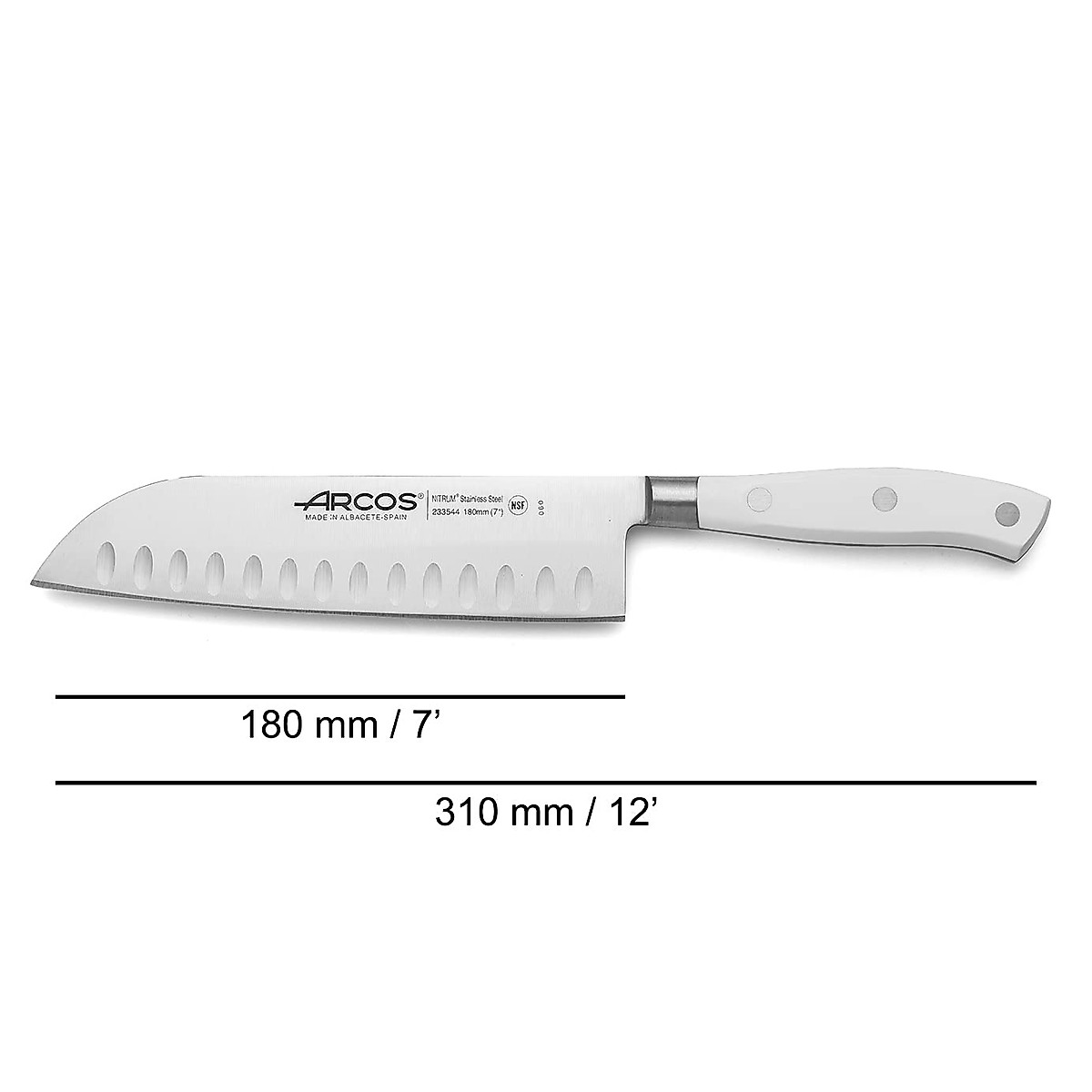 ARCOS Forged Santoku Knife 7 Inch Stainless Steel. Japanese Sharp Knife For Cutting Meat, Fish and Vegetables. Ergonomic Polyoxymethylene Handle and 180mm Blade. Series Riviera Blanc. Color White,