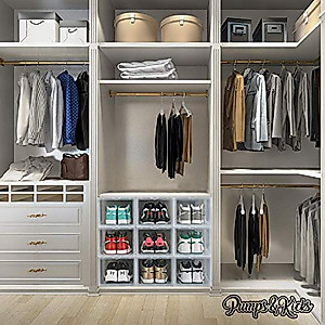 PUMPS&KICKS Shoe Storage Organizer Boxes | 3 Pack | Clear Plastic | Stackable for Closet | Drop Front Opening | Extra Large for High Top sneakers, Mens size 14 and Womens High Heels (Clear)