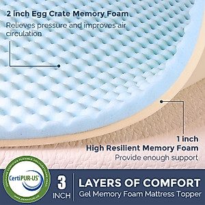 Mattress Topper King, 3 Inch Gel Egg Crate Memory Foam Mattress Topper with Removable & Washable Cover, CertiPUR-US Certified, King Size