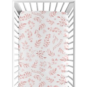Sweet Jojo Designs Blush Pink and White Floral Leaf Girl Fitted Crib Sheet Baby or Toddler Bed Nursery - Boho Chic Bohemian Watercolor Botanical Flower Woodland Tropical Garden Leaves Pastel Nature