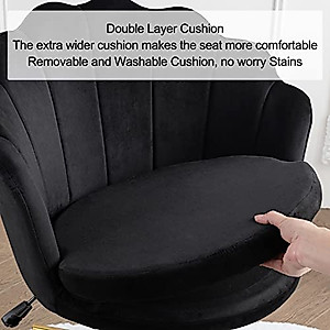 Furnimart Black Home Office Chair with Wheels Upholstered Comfy Velvet Desk Chair Stool, Cute Adjustable Swivel Modern Seashell Back Vanity Chair for Living Room, Bedroom, Office (Black)