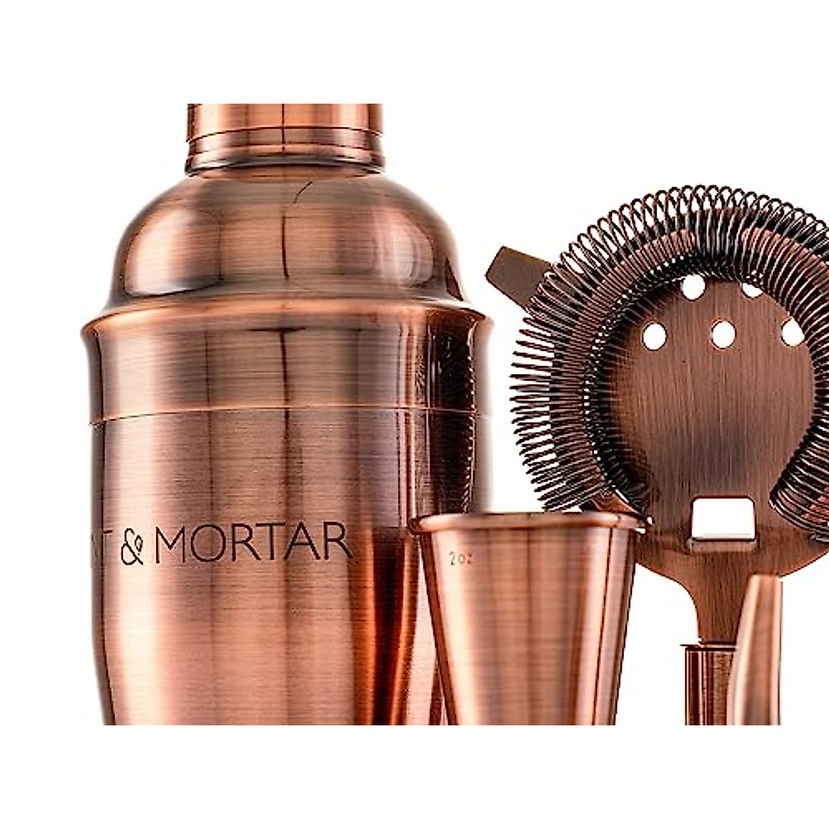 Mint & Mortar Cocktail Shaker Set, 7-Piece Bartender Kit with Stand, 24oz Martini Shaker Bottle Stainless Steel Bar Tools, Home Bar Accessories Drink Mixer, Barware Gift Set - Brushed Copper