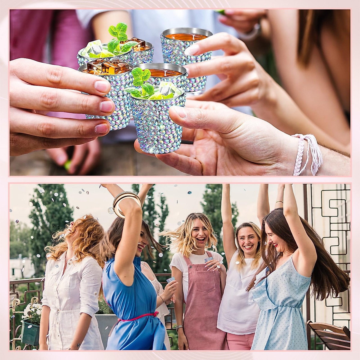 Tioncy 2 Set Rhinestone Bracelet 3.5 oz 304 Stainless Steel Bling Bangle Set with 2 Rhinestone Glass and Funnel for Women Girls Bachelorette Birthday Party Gift(Rose Gold)