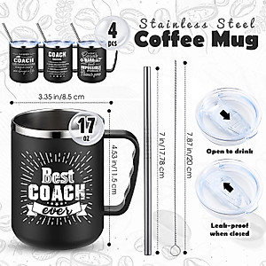 Sumind 4 Pcs Coach Gifts Coffee Mug with Lid and Handle 17 oz Stainless Steel Mug Double Wall Vacuum Travel Mug Coaches Appreciation Gift for Soccer Volleyball Basketball Football (Classic Style)