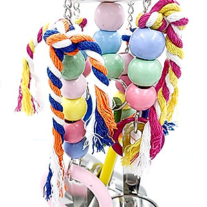 GILYGI Bird Parrots Pullable Stainless Steel Pots Toys, Bird Foraging Toys with Colorful Rope and Wooden Beads Rings for Small and Medium Parrot Bird