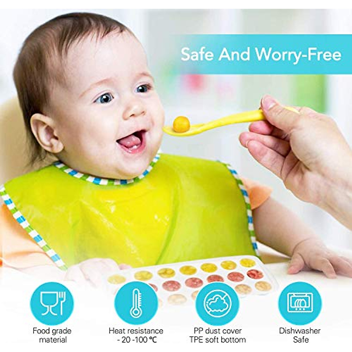 Ice Cube Trays with Lids BPA Free, 4 Pack Easy Release Silicone Ice Cube Trays for Freezer 84 Sphere Ice Tray with Stackable No Spill Lids, Dishwasher Safe, Blue & Green