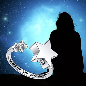 S925 Sterling Silver Always In My Heart Cremation Urn Ring Star Memorial Ashes Keepsakes Open Finger Ring Jewelry for Women,Size 8