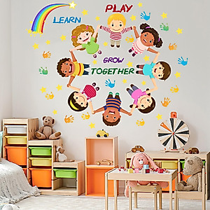 Colorful Rainbow Wall Decals Kids Handprint Wall Stickers Inspirational Wall Art Murals Peel and Stick for Classroom School Nursery Playroom Decor (A)