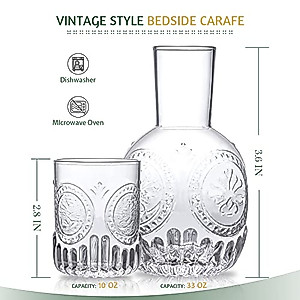 Vintage Bedside Water Carafe and Glass Set for Bedroom Nightstand, Bediside, Thicked Glass Mouthwash Decanter for Bathroom, Water Pitcher Set (33 OZ)