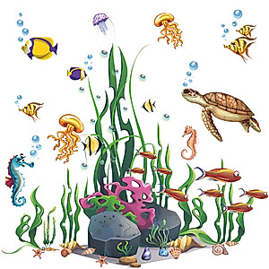 RW-1073 3D Ocean Wall Decals Under The Sea Fish Wall Stickers Ocean Animals Wall Art Decals View Under Sea Removable DIY Stickers for Kids Babys Bedroom Bathroom Living Room Nursery Home Decoration
