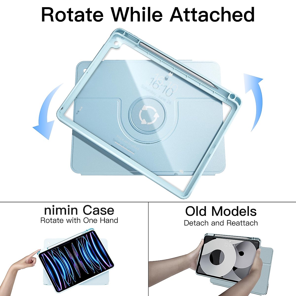 nimin Rotatable Case for 10.2 inch iPad 7th / 8th / 9th Generation Protective,Detachable Magnetic Protective,360° Rotating,Adjustable Stand,Pen Holder,Auto Sleep/Wake,Light Blue