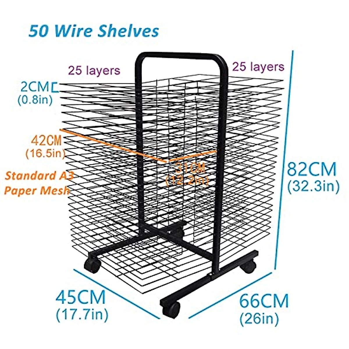Double Sided Wire Drying Rack with 4 Wheels Art Drying Rack Mobile Cart for Painting Craft A3 Paper Artwork Canvas Storage Display Rack for Classrooms, Art Studio and Home Use, 50 Shelves