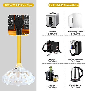 EXCELFU 30 Amp to 110 Adapter, 30 Amp to 15 Amp RV Adapter Extension Cord, NEMA TT-30P Male to 5-20r Female LIT 3-Way Outlet Splitter with Lighted End for RV Generators, 125 Volt, 10AWG, 2ft