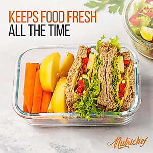 NutriChef 10-Piece Glass Food Containers - Stackable Superior Glass Meal-prep Storage Containers, Newly Innovated Leakproof Locking Lids w/Air Hole, Freezer-to-Oven-Safe (Gray)