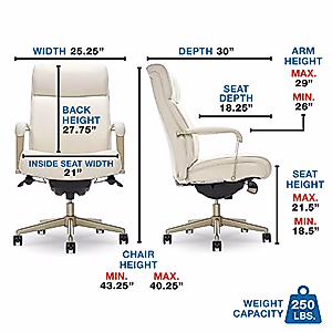 La-Z-Boy Melrose Executive Office, Adjustable High Back Ergonomic Computer Chair with Lumbar Support, Brass Finish, Ivory White Bonded Leather 30D x 25.25W x 40.25H Inch