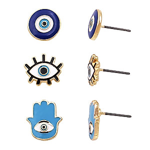Rosemarie & Jubalee Women's Set of 3 Enamel Coated Protective Talisman Evil Eye Hamsa Post Back Stud Earrings (Blue)