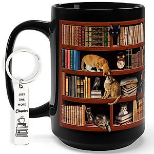 Library Bookshelf Coffee Mug Gifts for Book Lovers, Readers, Bookish, Birthday, Mothersday, Fathersday, Christmas Library Mug for Cat and Book Lover Black Coffee Mug 15Oz With Keychain