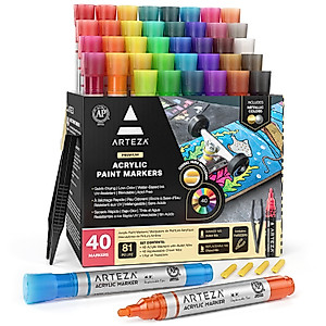 Arteza Acrylic Paint Markers, Set of 40 Acrylic Paint Pens in Assorted Colors, Art & Craft Supplies for Glass, Pottery, Ceramic, Plastic, Rock, and Canvas Painting