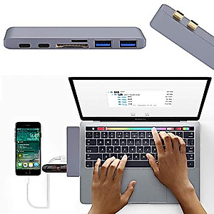 Leya-US Spare Part 6 in 1 Multi-Function Aluminium Alloy 5Gbps Transfer Rate Dual USB-C/Type-C HUB Adapter with 2 USB 3.0 Ports & 2 USB-C/Type-C Ports & SD Card Slot & TF Card Slot Compatible for