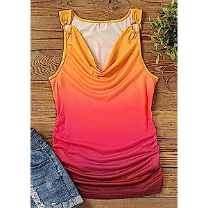 TAIUICY Womens Gradient Ruched Hollow Out Cowl Neck Tank Tops Sexy Cowl V Neck Draped Sleeveless Stretchy Blouse(M,Orange)
