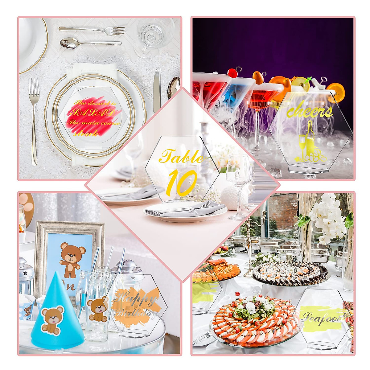 10 Pack Large Acrylic Hexagon Blank Table Stand, DIY Geometric Clear Plexiglass Number Sign Holder with Gold & Silver Marker Metallic for Modern Wedding Reception, Centerpiece Decoration Event Party