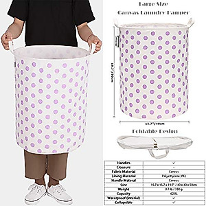 Sea Team 19.7 Inches Large Sized Waterproof Coating Ramie Cotton Fabric Folding Laundry Hamper Bucket Cylindric Burlap Canvas Storage Basket with Stylish Polka Dot Design (19.7", Purple)