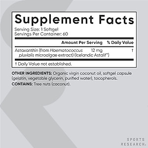Sports Research Triple Strength Astaxanthin 12mg with Organic Coconut Oil - Antioxidant Supplement, Non-GMO Verified & Gluten Free - 60 Softgels