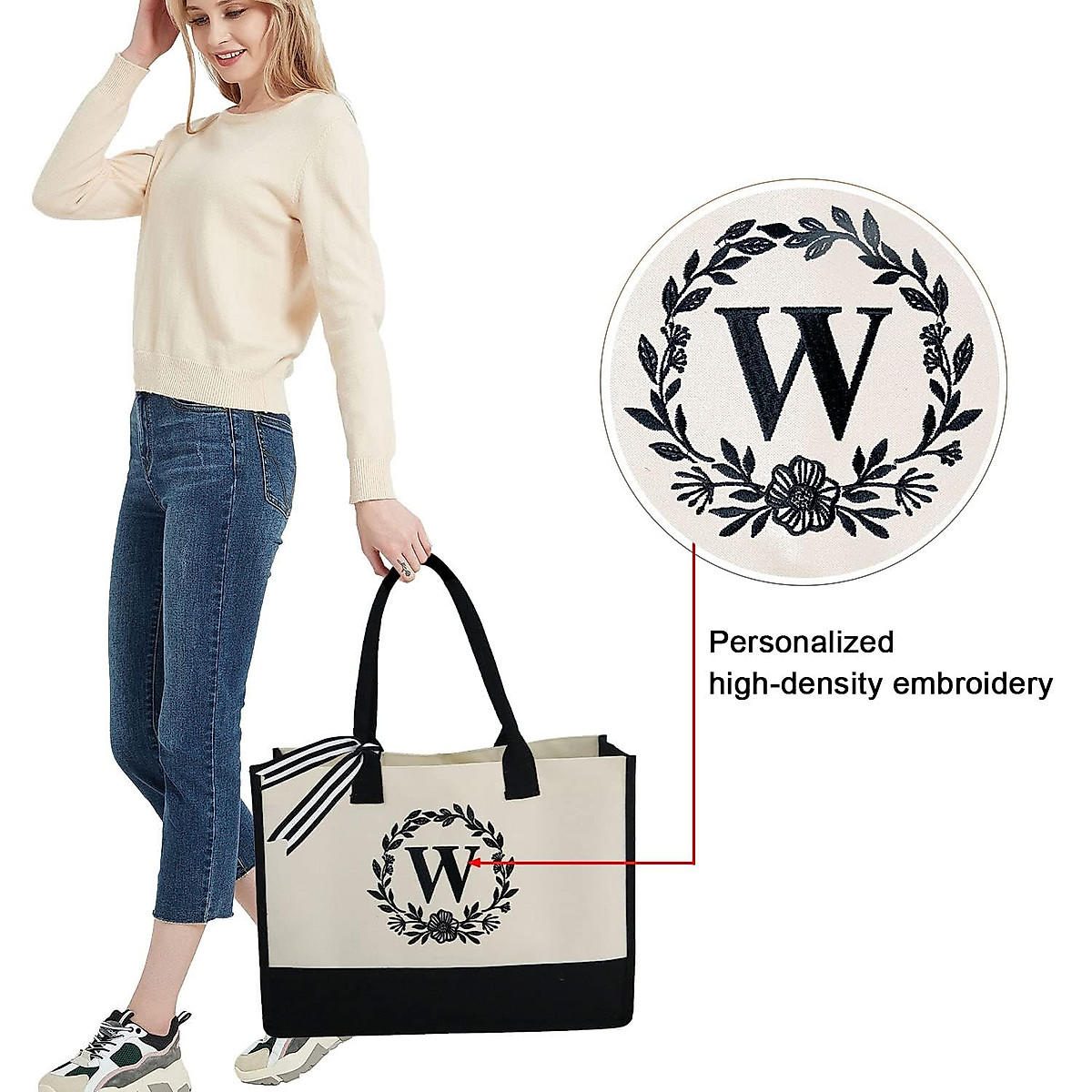 BeeGreen Monogram Canvas Tote Bags for Women with Makeup Bag Initial Tote Bag w Inner Zipper Pocket Personalized Gifts for Friends Birthday Mother Hostess Bridesmaid Letter W