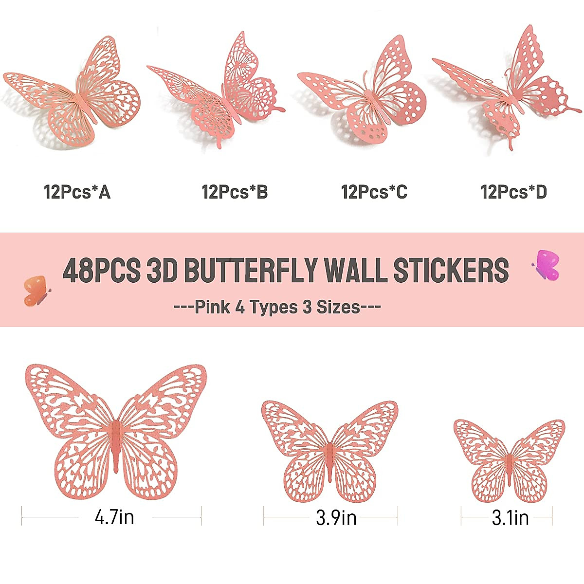 Butterfly Wall Stickers Decorations 3D Butterflies Decals for Girls Room Bedroom Nursery Decor Butterfly Birthday Party Decoration Wedding Cake Decorating 48pcs (Pink)