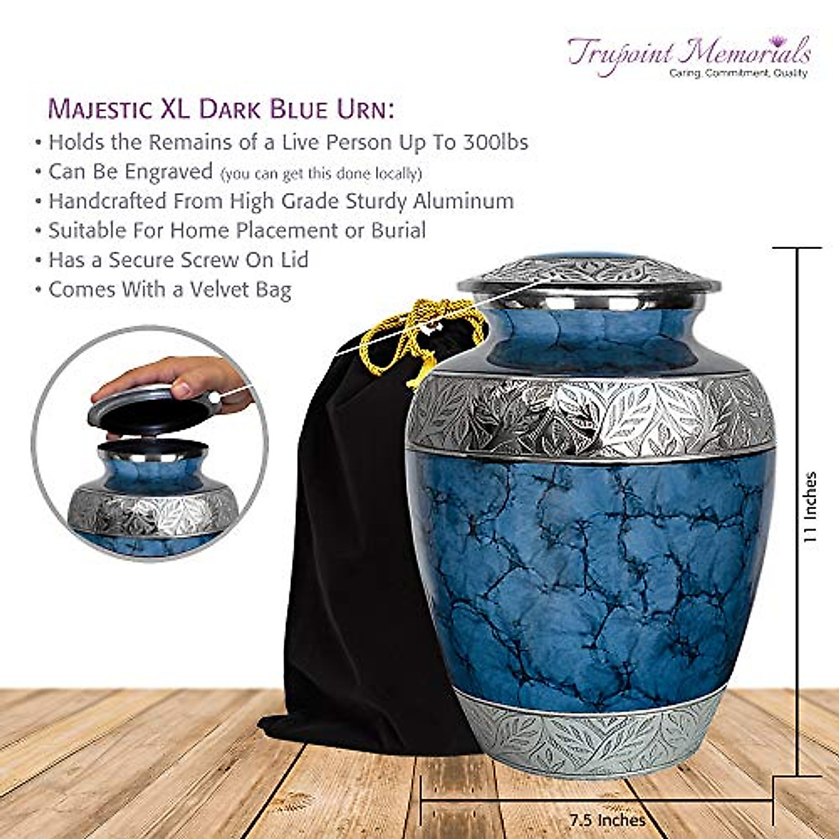 Trupoint Memorials Cremation Urns for Human Ashes - Decorative Urns, Urns for Human Ashes Female & Male, Urns for Ashes Adult Female, Funeral Urns - Blue, Extra Large