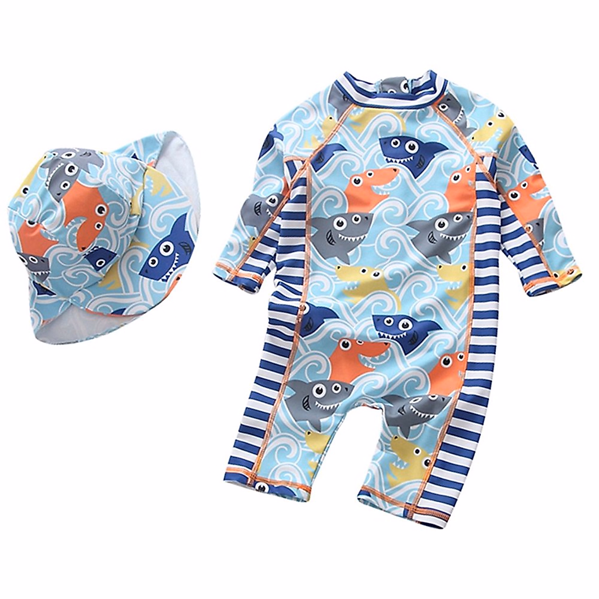 Baby Boys Swimsuit One Piece Toddlers Zipper Bathing Suit Swimwear with Hat Rash Guard Surfing Suit UPF 50+ (Shark, 3-6 Months)