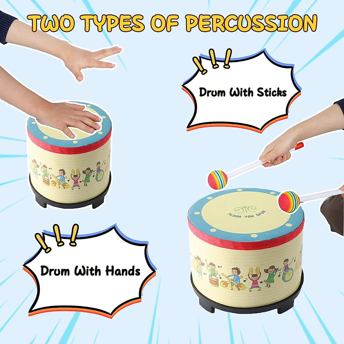 Floor Tom Drum 8 inch Gathering Club Carnival Colorful Percussion Instrument with 2 Mallets Music Drum for Child Special Christmas Birthday Gift (8 inch)