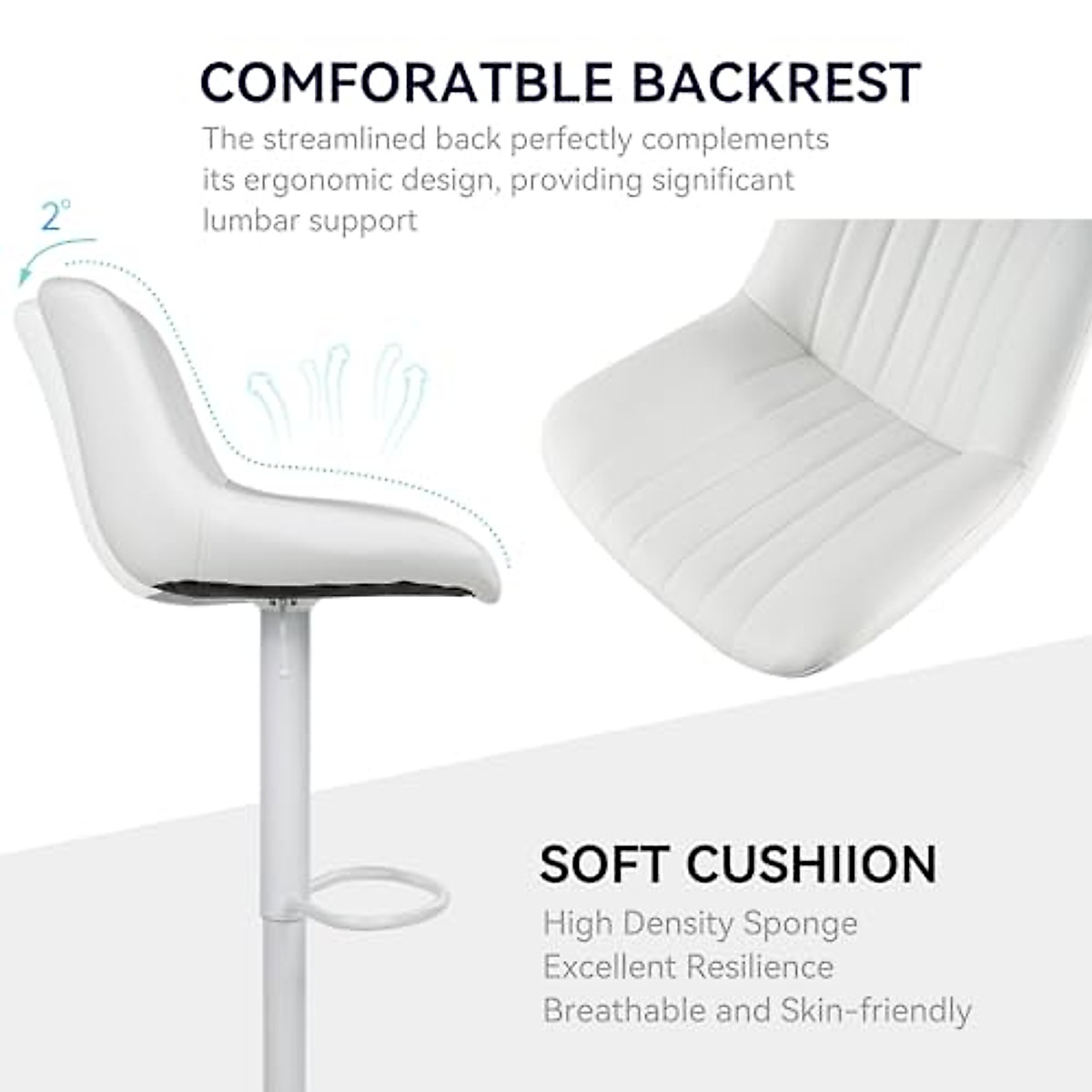 Nalupatio Bar Stools Set of 2, Adjustable Modern Swivel Bar Stools with Backs, Counter Height Performance Fabric Island Chairs for Home Kitchen, White
