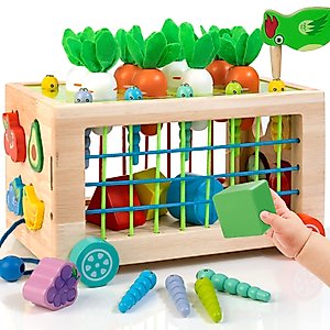 Winique Wooden Montessori Toys for 1 2 Year Old, 6-in-1 Baby Toys 12-18 Months Shape Sorter Educational Toys, 1st Birthday Christmas Easter Gift Sensory Toys Carrot Harvest Game