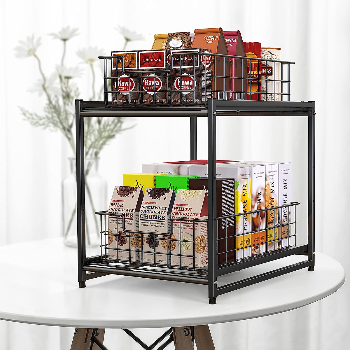 FavoThings Stackable 2-Tier Kitchen Cabinet Organizer Extra Wide Under Sink Organizer Rack with Sliding Storage Basket Drawers, Black