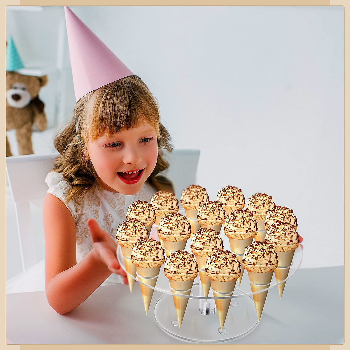 2 Pieces Ice Cream Cone Holder with 100 Pieces Disposable Wood Cones, 16 Holes Food Stand Acrylic Cone Display Stand Hand Roll Sushi Stand Rack for Weddings Baby Showers Birthday Parties Favors