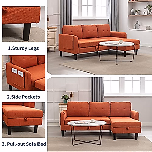 Hdxdkog L-Shaped Sectional Sofa with Pull-Out Bed 72" Sectional Sleeper Sofa Bed with Storage Chaise Lounge and Pocket, Upholstered Corner Couch for Living Room Home Office (Orange)