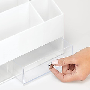 mDesign Plastic Makeup Storage Organizer with 2 Drawers and 5 Divided Sections for Bathroom, Vanity, Cabinet, Countertops - Storage for Cosmetics, Brushes, Blush - Lumiere Collection - White/Clear