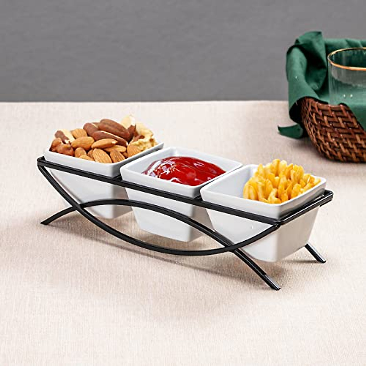UNICASA Square Ramekin Bowls 10 oz, Condiment Serving Tray with Metal Rack Stand - Chips and Dips Snack Tray for Party - White Side Dish for Appetizer, Fruit, Nuts, Ice Cream, Candy