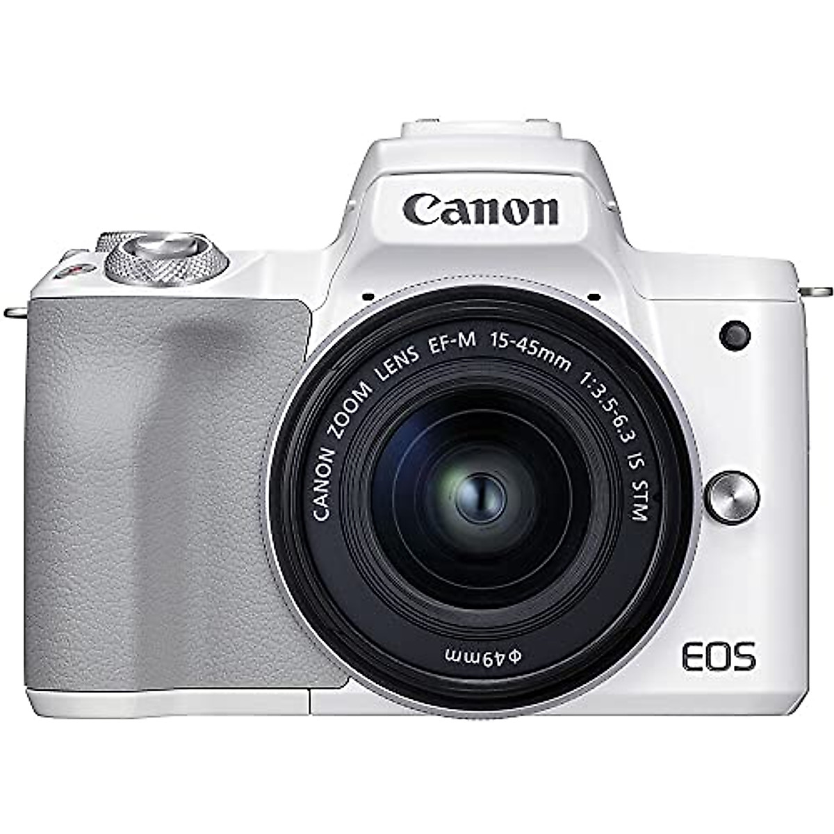 Canon EOS M50 Mark II Mirrorless Camera with 15-45mm Lens (White) (4729C004) + 64GB Memory Card + Card Reader + Case + Flex Tripod + Hand Strap + Memory Wallet + Cap Keeper + Cleaning Kit (Renewed)