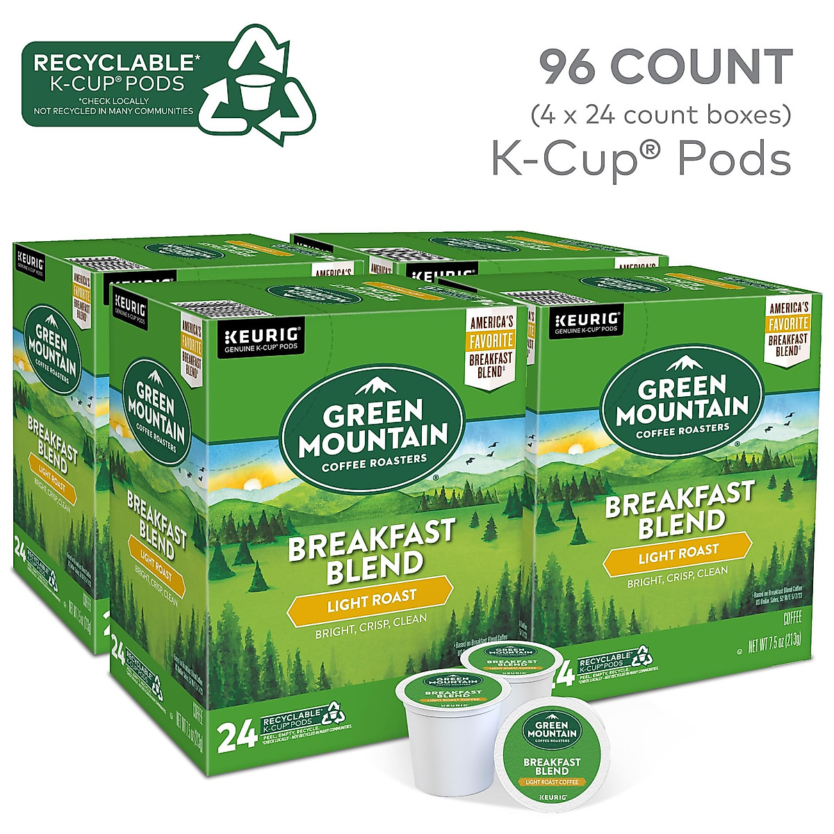 Green Mountain Coffee Roasters Breakfast Blend Single-Serve Keurig K-Cup Pods, Light Roast Coffee, 24 Count (Pack of 4)