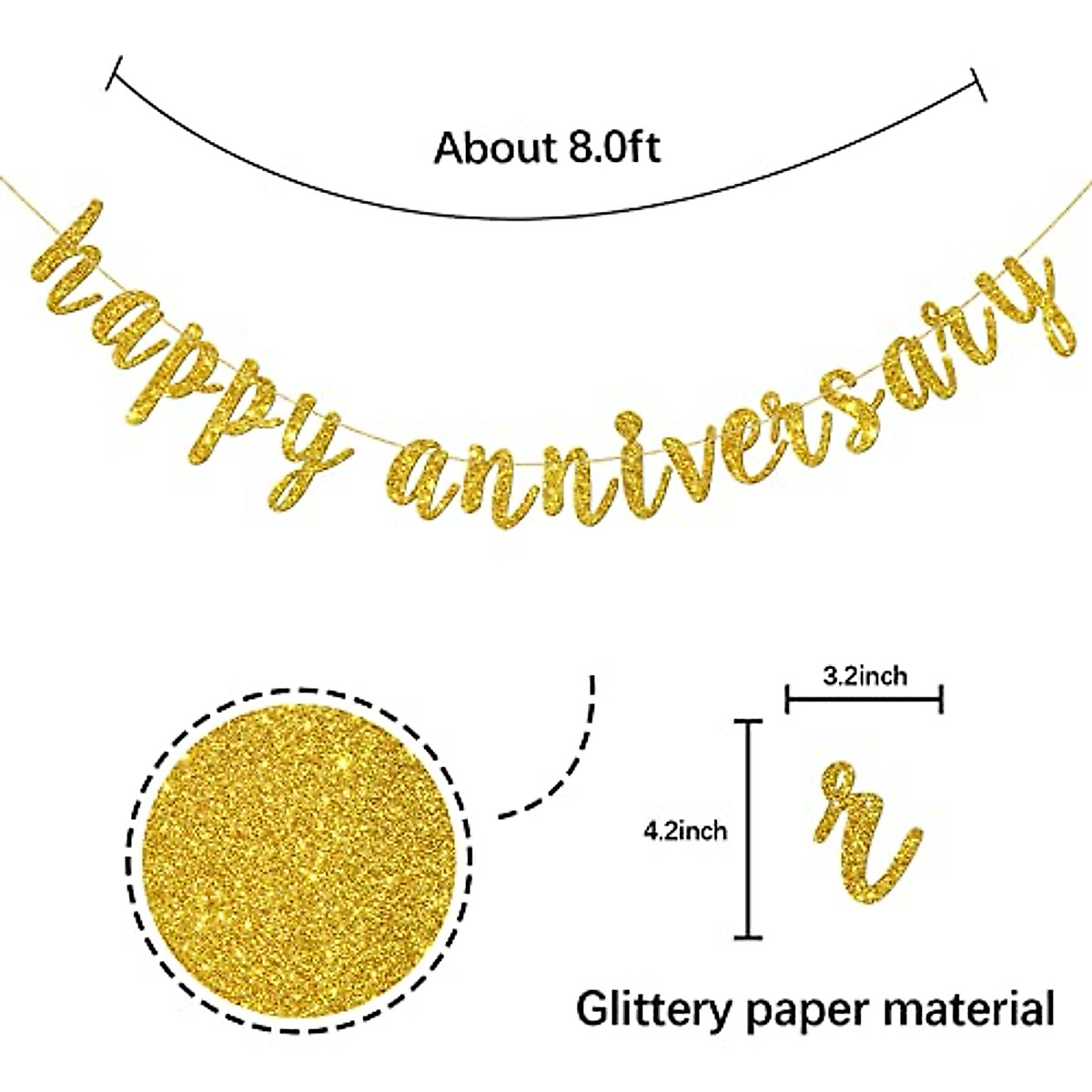 INNORU Gold Glitter Happy Anniversary Banner - Birthday Sign Bunting - Wedding Anniversary Party Decorations